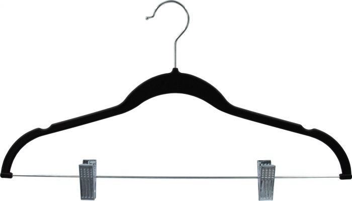 Black Flocked Plastic Combo Hanger W/ Clips & Notches (17" X 1/4")