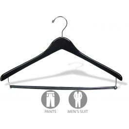 Set of 100 Black Wood Suit Hanger With Locking Bar (17" X 1/2")